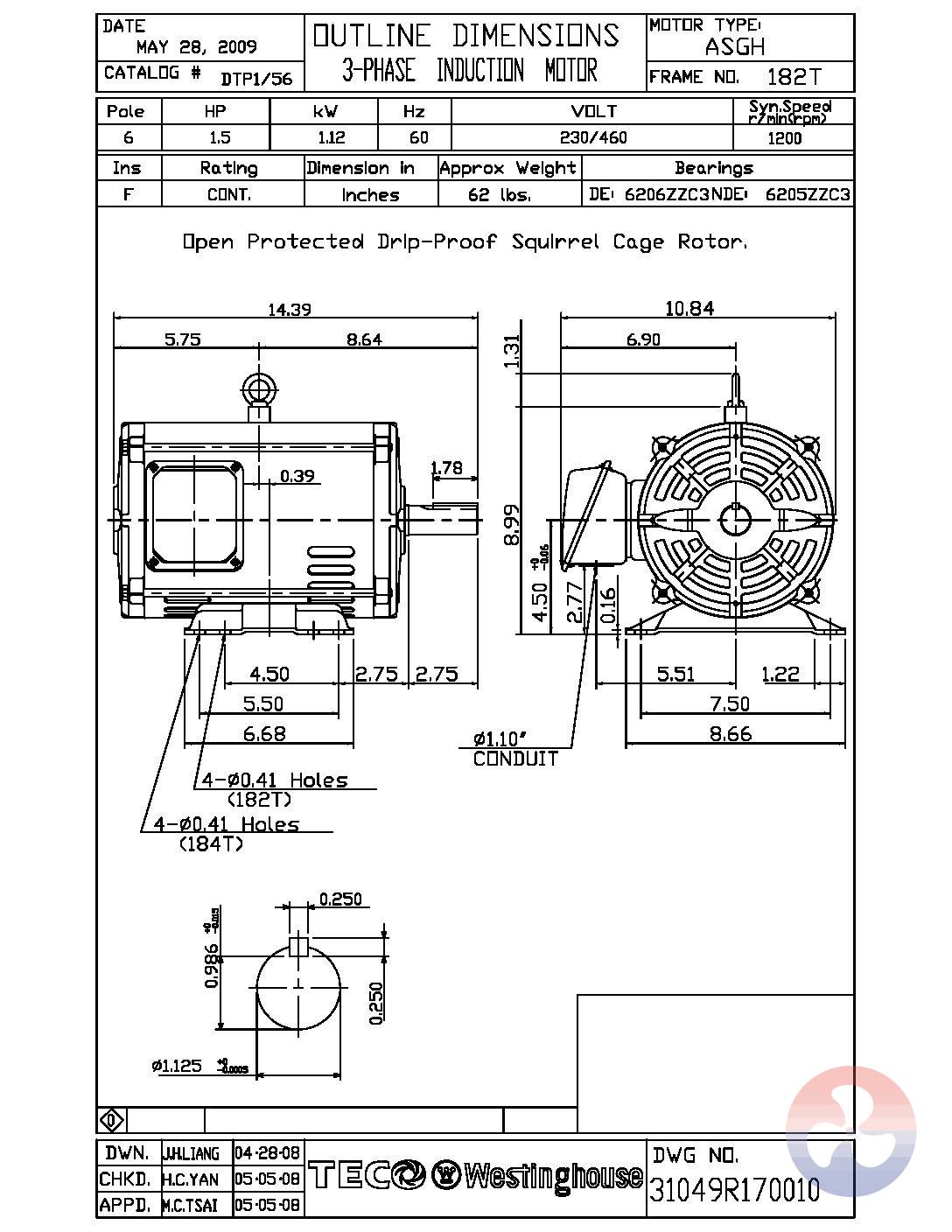 DTP SERIES MOTOR / 20HP / 1800 RPM / 256T FRAME - Commercial HVAC Parts